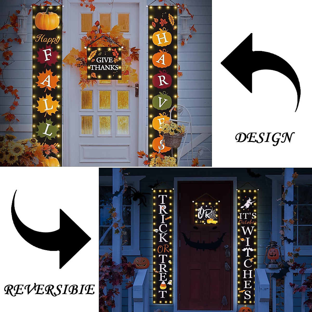 Tatuo 3 Pcs Lighted Halloween Reversible Banner Happy Fall Harvest and Halloween Trick or Treat Witches Banner Thanksgiving Day Halloween Party Porch Sign Hanging Sign for Fall Decorations Outdoor
