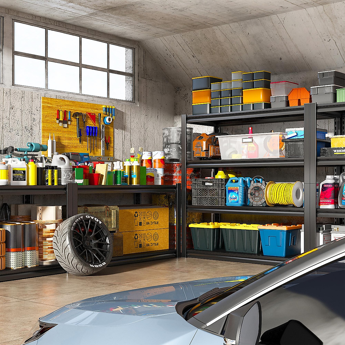 Raybee 40" Wide Storage Shelves Garage Shelving, 2 Pack, Heavy Duty Shelving, Adjustable 4 Tier Metal Shelves for Warehouse, Pantry, Kitchen 40" W x19 D x57 H, Black