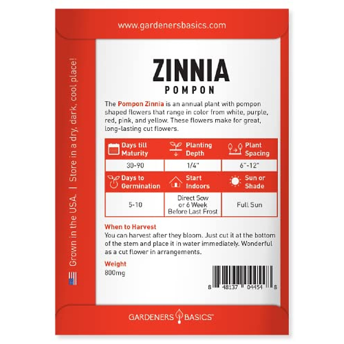 Zinnia Seeds for Planting Outdoors (Pompon) Flower Seed Packet Annual Flower Heirloom, Non-GMO Variety- 800mg Seeds Great for Summer Seeds for Flower Gardens by Gardeners Basics