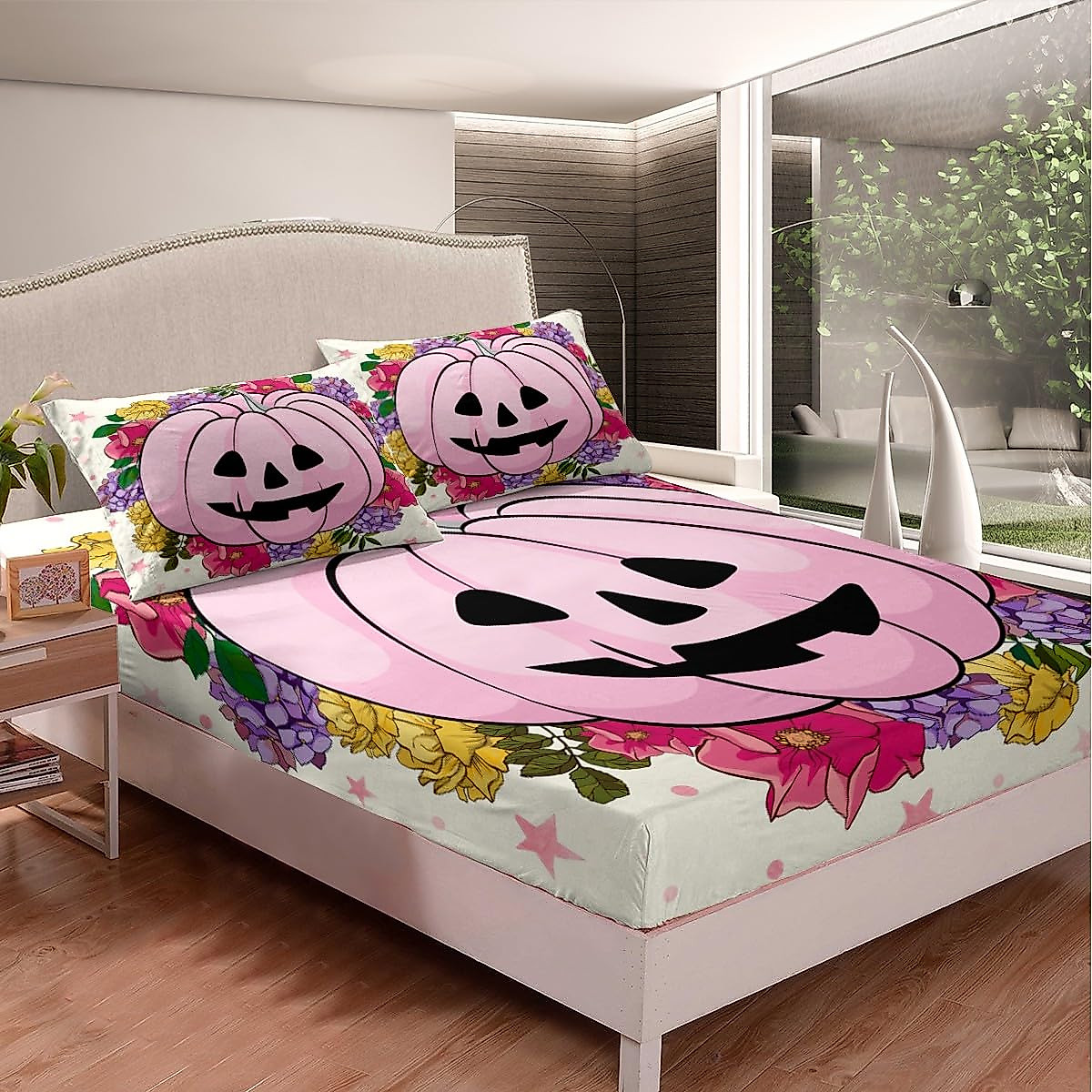 Pink Halloween Bed Sheet Set Full Size Pumpkin Lantern Fitted Sheet for Kids Boys Girls Flower Floral Bedding Set Trick or Treat Bed Cover Deep Pocket Bedroom Bed Set