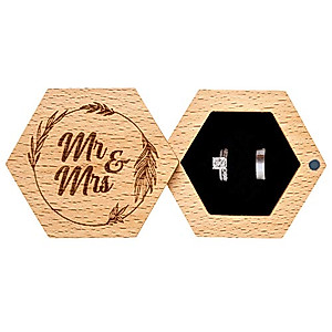 Strova Mr. and Mrs. Wedding Ring Box – Unique Rustic Wooden Hexagon Designed for Proposal, Ceremony, Bearer, Display or Jewelry Organizer Storage – Decorative, Vintage Wood Ring Box for Couples