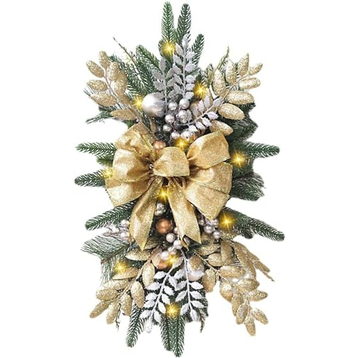 1pcs Cordless Prelit Stairway Swag Trim,Christmas Swag Wreaths for Front Door Holiday Wall Window Hanging Ornaments for Indoor Outdoor Home Xmas Decor (Gold)