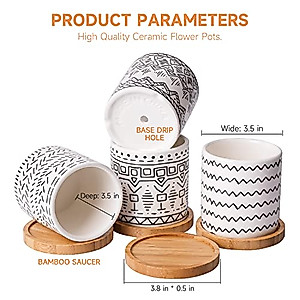 JOFAMY Succulent Pots, 4 Pack Ceramic Planters for Indoor Plants, Boho Original Design Flower Pots with Drainage Hole, Bamboo Tray. Stylish Plant Pots for Succulents, Aloe, Cactus, Home Office Decor