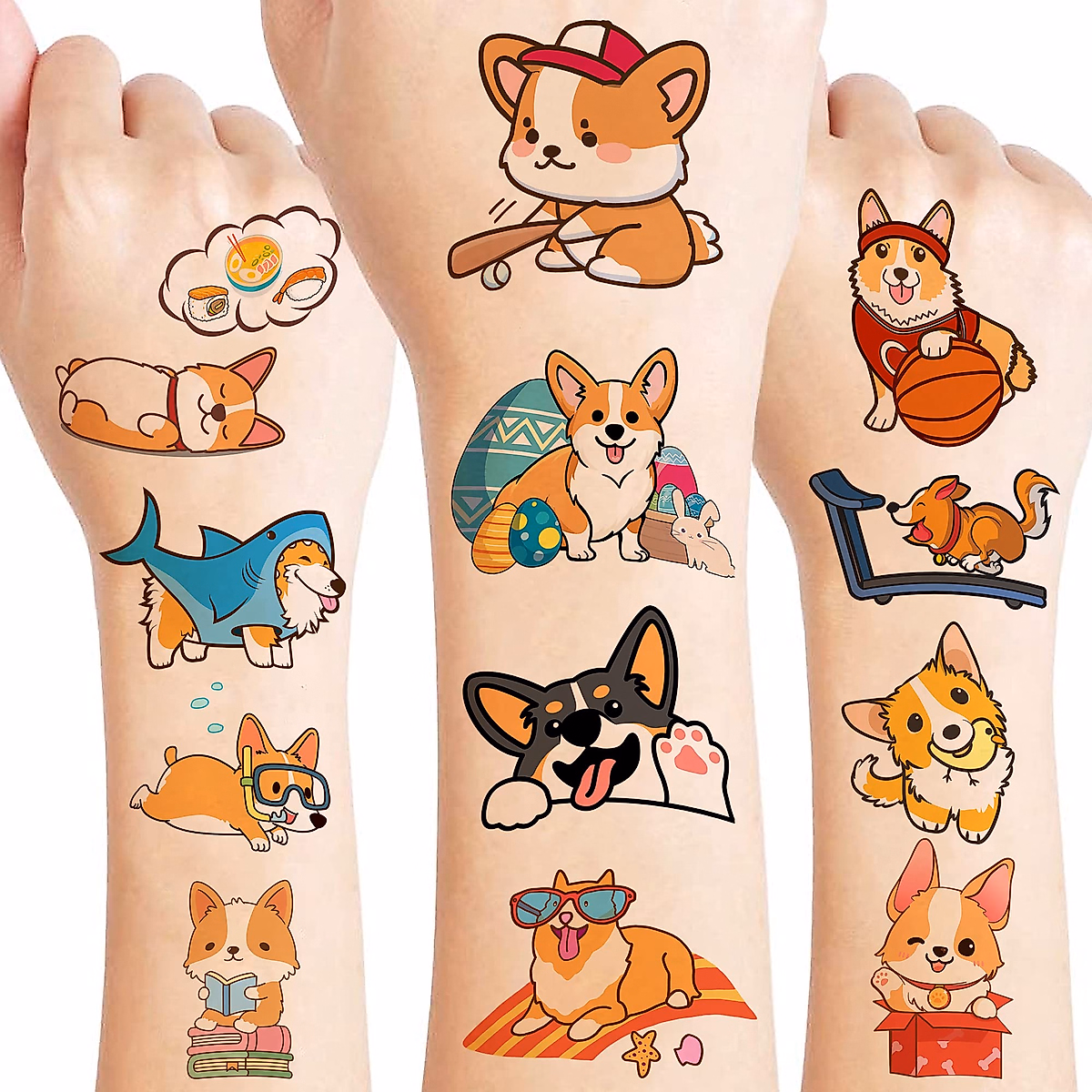8 Sheet (96Pcs) Corgi Temporary tattoos for Kids, Pet Dog Birthday Party Decorations Favors Supplies Super Cute Tattoos Sticker Gifts for Boys Girls Baby Shower Prizes Rewards Christmas