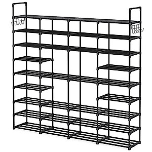 Tribesigns Large Shoe Rack Organizer Closet for Entryway Bedroom Hallway, 9 Tier 72 Pair Heavy Duty Shoes Shelf Storage with Side Metal Hook, Black