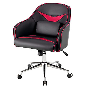 Giantex PU Leather Gaming Chair, Adjustable Height Mid-Back Armchair w/Massage Lumbar Pillow, Rolling Swivel Desk Chairs for Office Home Game Room (Red & Black)