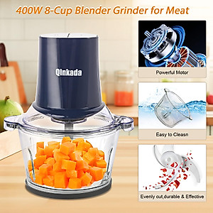Qinkada Food Processors with 2 Bowls, 400W Meat Grinder, Food Chopper Electric, 2 Speed, 8Cup Glass and 8Cup 304 Stainless Steel, 2 Blades, Spatula (Blue)