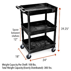 Tubstr Compact 3 Shelf Utility Cart | Heavy Duty Service Cart Supports up to 300 lbs! | Tub Cart with Deep Shelves | Great for Warehouse, Garage, Cleaning & More (3 Shelf/Black / 24 x 18)