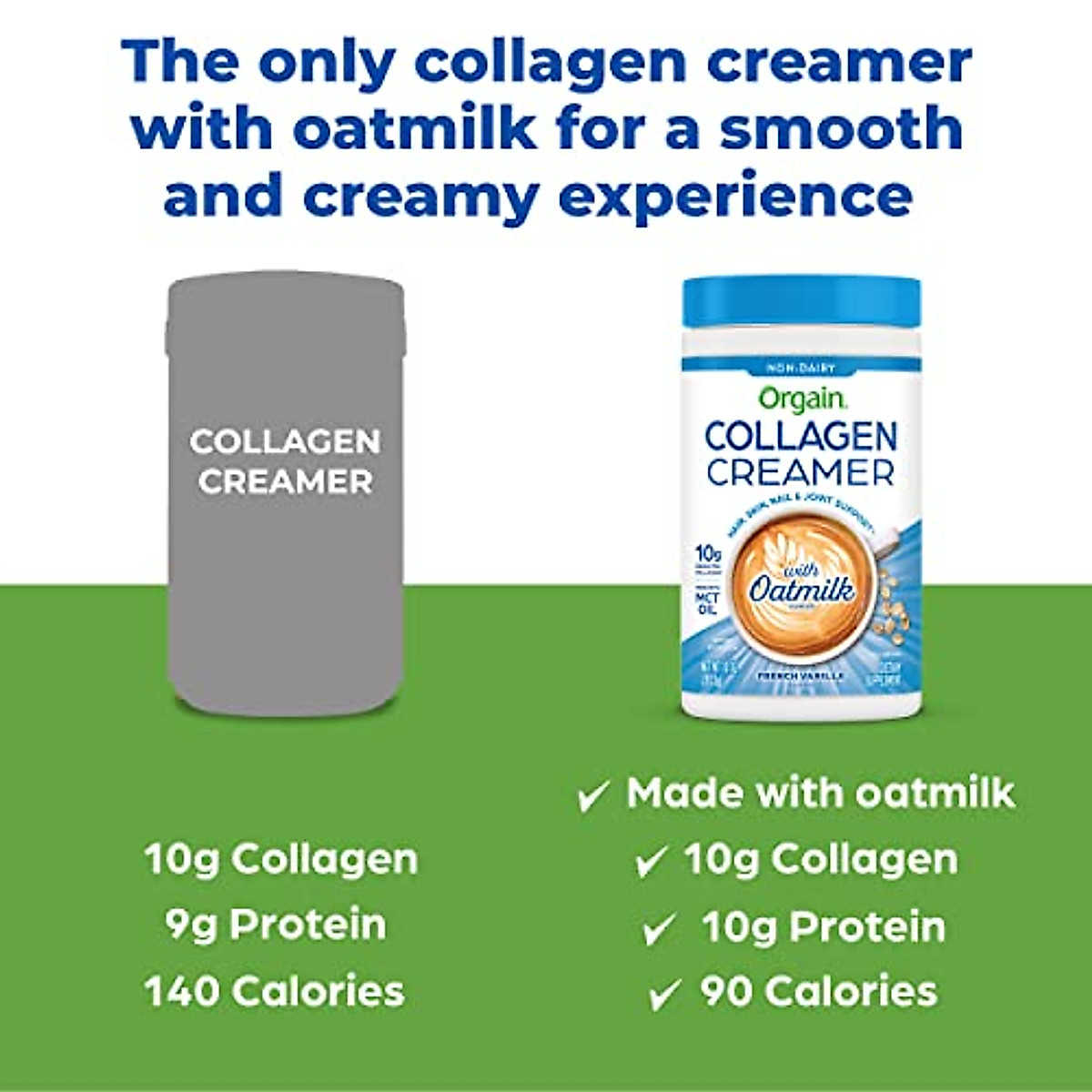 Orgain Collagen Creamer with Organic Oatmilk Powder, French Vanilla - 10g of Hydrolyzed Grass-Fed Collagen, 1g of Sugar, Made with MCT, Avocado, and Coconut Oil, No Dairy or Soy, Non-GMO, 10 oz