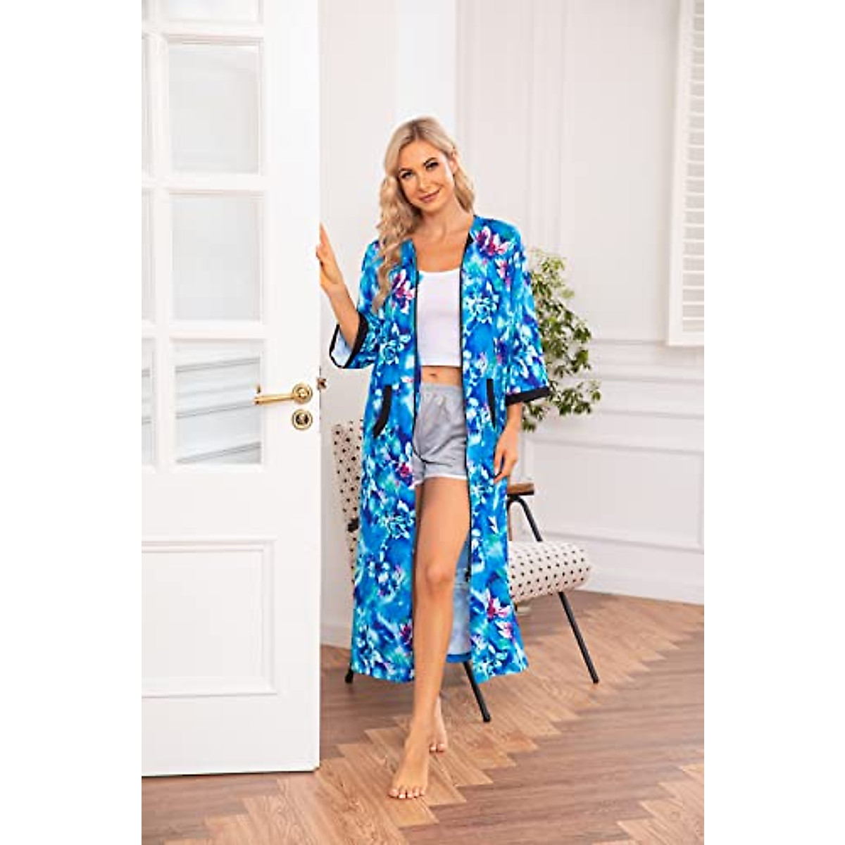 Ekouaer House Dresses for Womens Robe Long Zip Up House Coat Half Sleeve Night Gowns Comfy Sleepwear Print Loungewear