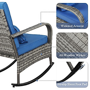 FUNKOCO 3 Pieces Patio PE Rattan Conversation Chair Set, Outdoor Furniture Rocking Chair Set with Water-Proof Cushion&Coffee Table for Garden,Backyard and Porch (Dark Blue)