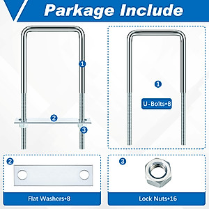8 Sets Square U Bolts, Carbon Steel Zinc Plated U Clamp Bolt with Nuts and Frame Plates for Sailboat Trailers, Tube, Industrial Supplies, 3/8 x 3 x 7 Inches