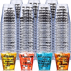 100 Pcs Plastic Shot Glasses 2 oz Disposable Cups Bulk Clear Plastic Sample Cups Transparent Small Tasting Cups Wine Whiskey Container Fun Design for Party Birthday Supplies Wedding, 4 Styles
