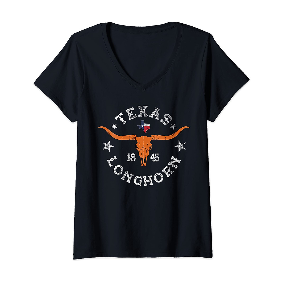 Womens Texas 1845 Vintage Longhorn Cowboy and Rodeo Fan V-Neck T-Shirt