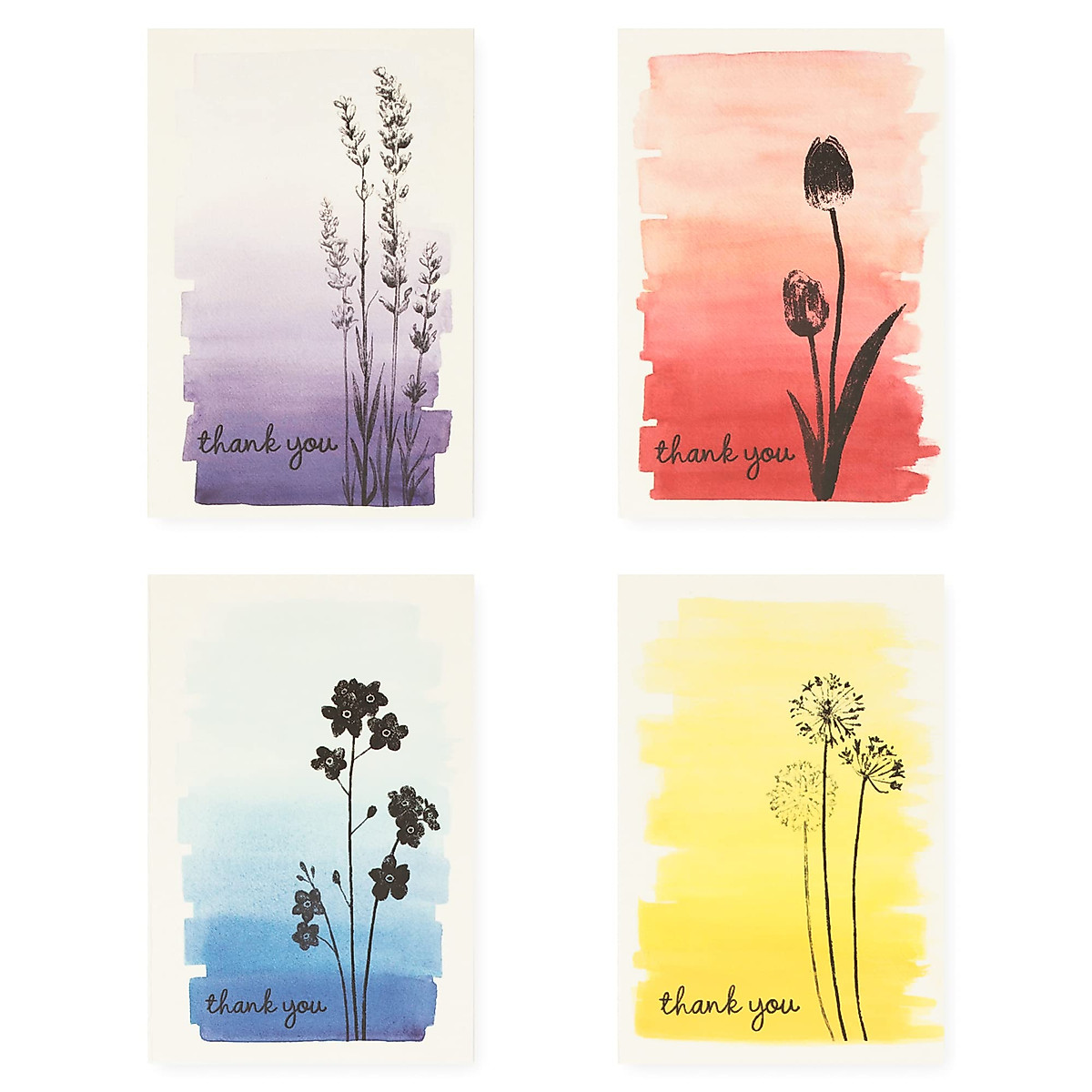 Festive Spice Flower Thank You Cards - Watercolor Designs - 48 Cards with Envelopes - Dandelion, Rose, Lavender, Forget Me Nots