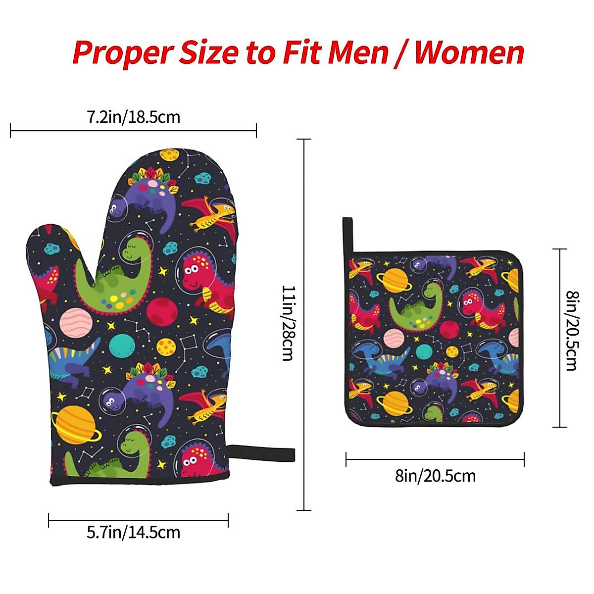 Cute Dinosaur in Space Oven Mitts and Pot Holders Heat Resistant Anti Scald for Kitchen Cooking Baking Grilling Sets of 3