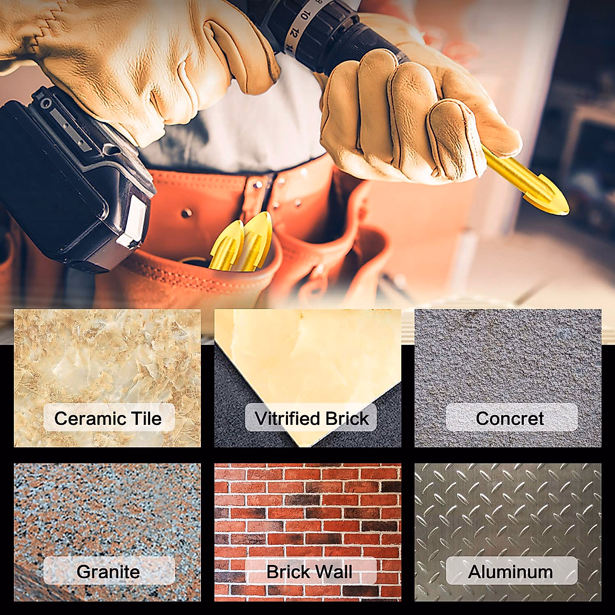 Masonry Drill Bits Set for Tile Glass Ceramic Brick Wood, 10 pcs Diameter 1/8 to 1/2 Inch Drilling Bits with 1/4 Hex Shank, Gold,