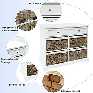 Babion Storage Cabinet with Baskets, Storage Organizer with 2 Drawers and 4 Wicker Baskets, Wicker Dresser with Wooden Tabletop, White Wicker Basket Storage Chest for Closet, Bedroom, Dorm