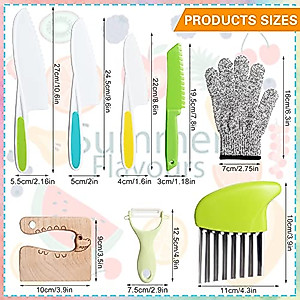 8 Pieces Kids Knife Set，Wooden Kids Kitchen Knives Set include 4 Plastic Toddler Safe Knives/Crinkle Cutter/Kids Cutting Board/Y-Peeler/Resistant Gloves for Cutting Veggies Fruit Cake Salad Bread