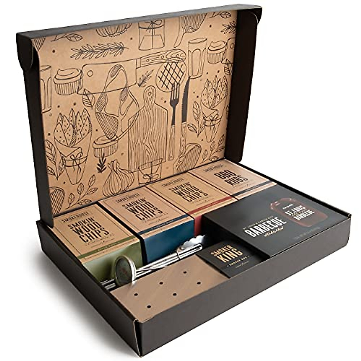 Smokehouse by Thoughtfully, Smoking BBQ Grill Set, Includes 3 Types of Wood Chips, Smoker Box, 2 Sauces and 6 Rubs, Thermometer, Tongs and Grill Guide