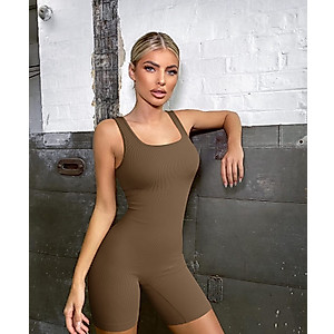 OQQ Women's Yoga Rompers Ribbed One Piece Sleeveless Tank Tops Exercise Romper Coffee