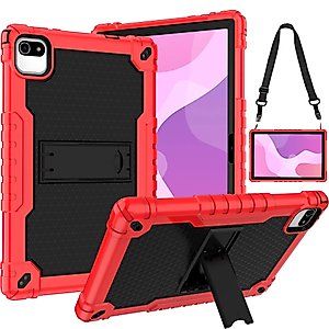 SOATUTO for Moderness Tablet MB1001 10.1 inch Case with Shoulder Strap Stand Soft Silicone Hybrid Case for 10 inch ZZB Velorim Freeski OLEXEX Bestski CZZ HAPPYBE ANYLAKE Okaysea Tablet (Red+Black)