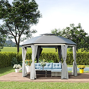 Outsunny 12' x 12' Round Outdoor Gazebo, Patio Dome Gazebo Canopy Shelter with Double Roof, Netting Sidewalls and Curtains, Zippered Doors, Strong Steel Frame, Grey