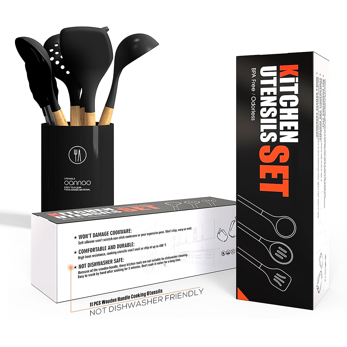 Silicone Cooking Utensils Set - 446°F Heat Resistant Silicone Kitchen Utensils for Cooking,Kitchen Utensil Spatula Set w Wooden Handles and Holder, BPA FREE Gadgets for Non-Stick Cookware (Black)