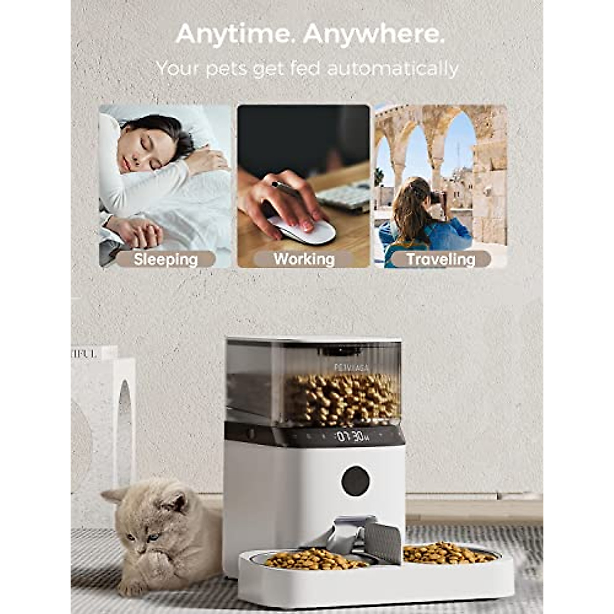 PETVIAGA Automatic Cat Feeders for Two Cats, 5L Multiple Cat Feeder with Timer, 2-Way Divider & Dual Stainless Steel Bowls, Timed Dog Food Dispenser for Dry Food with 1-6 Meals & 20 Portions Control