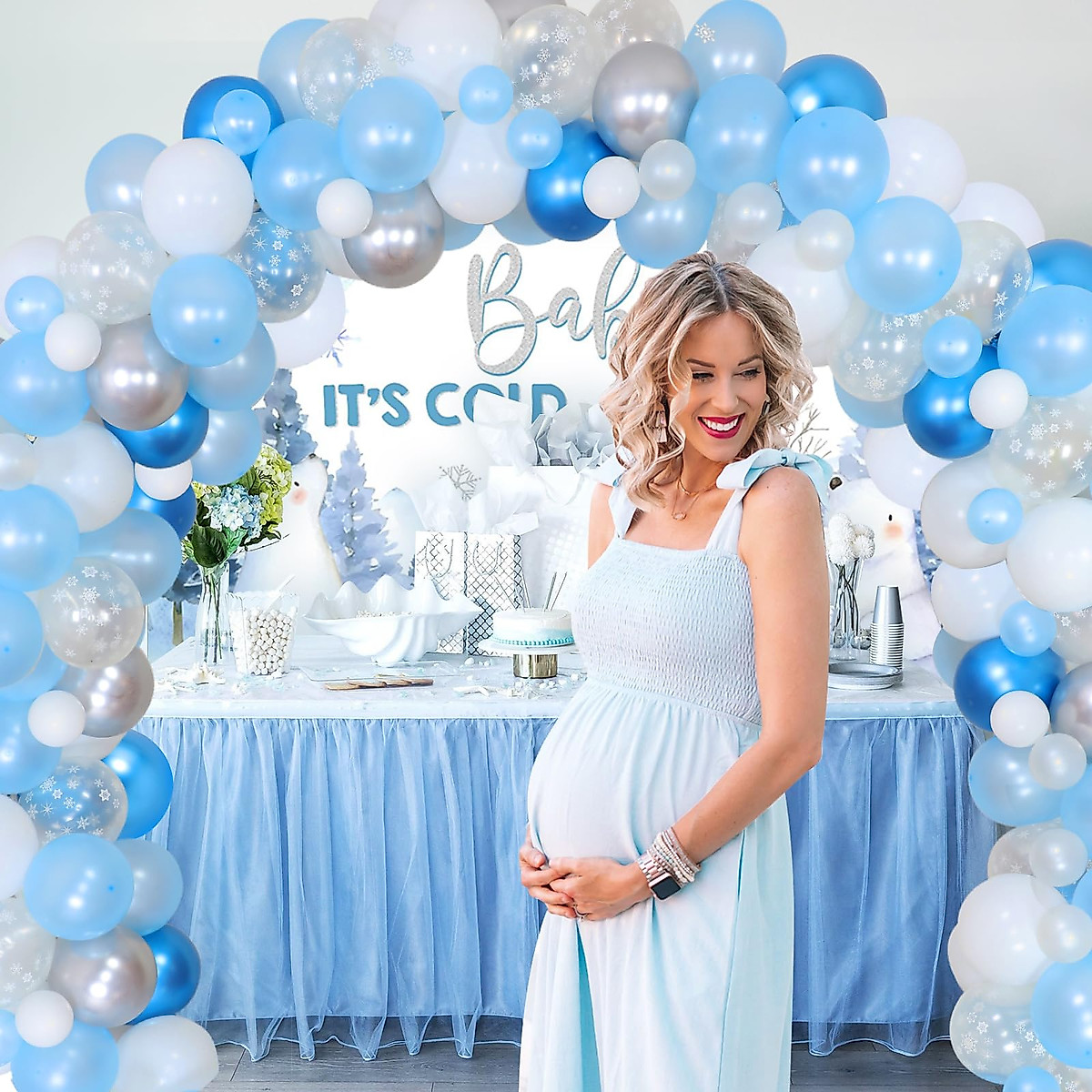 Arctic Animals Baby Shower - Blue Snowflake Balloon Garland Arch Kit with Baby It's Cold Outside Backdrop, Penguin Foil Balloons, Polar Bear Penguin Winter Baby Shower Decorations