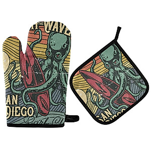 Retro Octopus Kraken Catch Surfboard San Diego Oven Mitts Pot Holders Sets, Heat Resistant Kitchen Oven Gloves, Potholder Hot Pads for Cooking Baking Microwave Grill