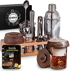 Bartender Kit with Whiskey Smoker - 13 pcs, Pine Stand - Bar Set with Cocktail Shaker, Bartending Kit with Essential Bar Accessory Tools, Wood Chips, Matte