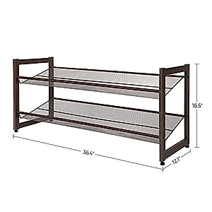 SONGMICS Shoe Rack, 2-Tier Stackable Shoe Storage Shelf, Flat or Angled Shoe Organizer, Metal Shoe Tower Stand for Closet Entryway, Bronze