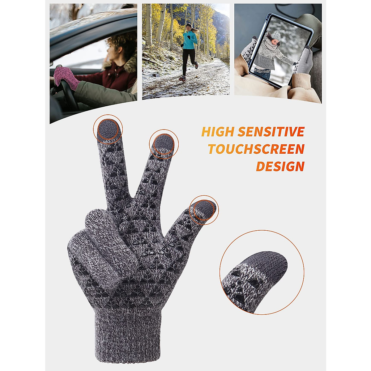 Gaoport 3pairs Winter Knit Gloves Women with Touchscreen fingers Anti-Slip Warm Texting Smart Phone Gloves for Men Cold Weather