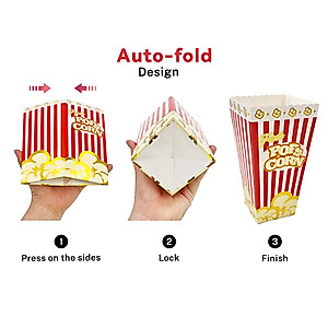 SNAIL GARDEN 30Pcs 46oz Large Capacity Popcorn Boxes, Movie Night Red/White Stripes Mixed Glod Border Decor Food Container,Disposable Paper Box,Durable Snack Bag For Hollywood Theme Birthday Party