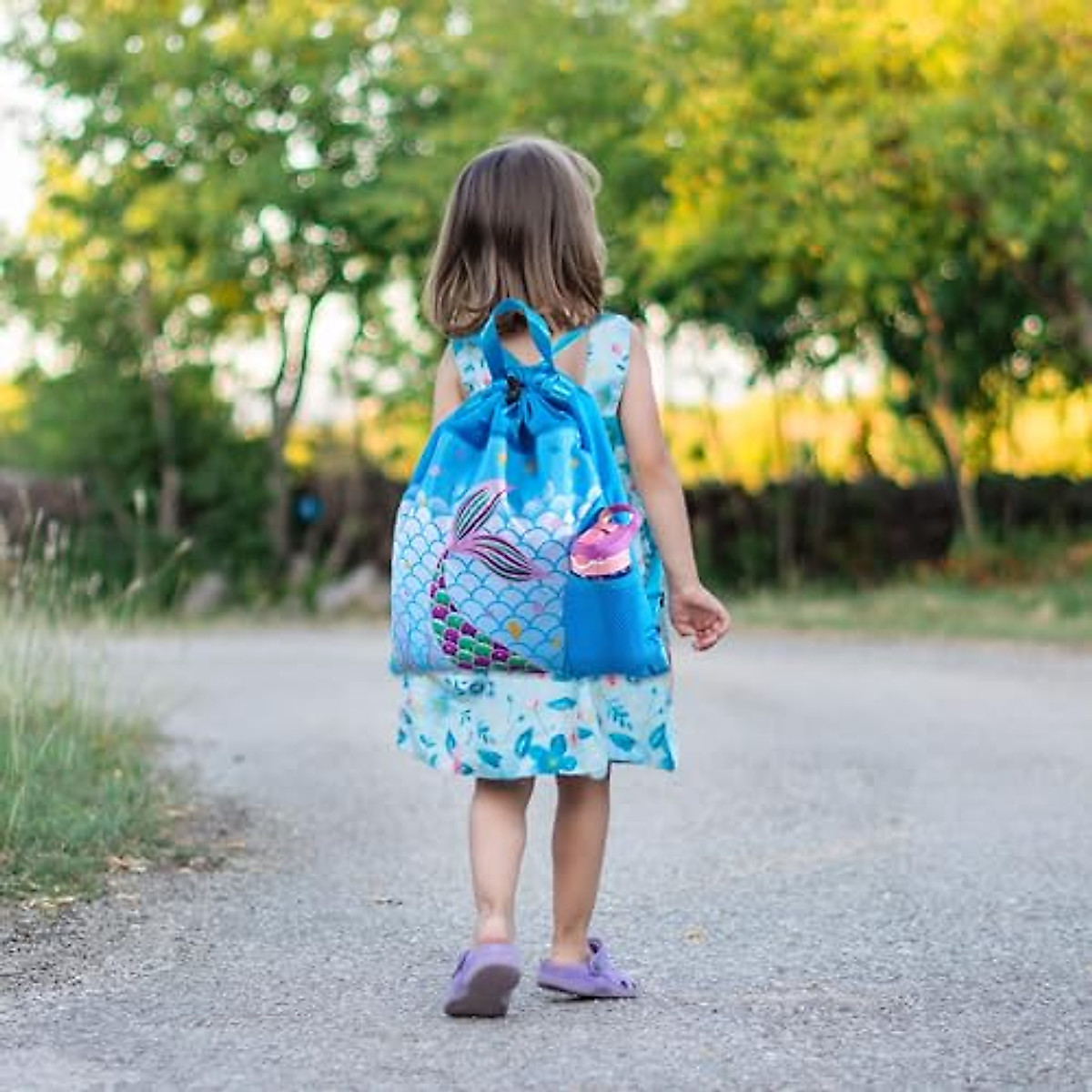 WAWSAM Mermaid Gym Drawstring Backpack - 15” × 17” Sports Gym Bag for Girls Kids Waterproof Swimming Beach Sackpack Birthday Christmas Gift with Zippered Pocket and Water Bottle Pocket