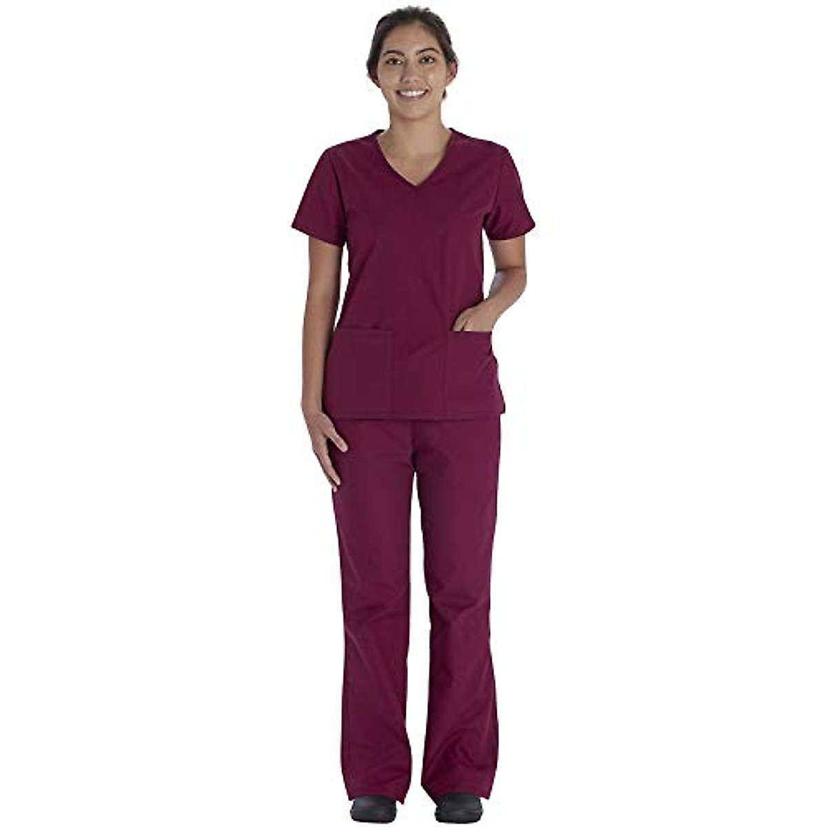 Vital Threads Womens Scrubs Set V-Neck Top & Drawstring Pant, VT513C, S, Wine