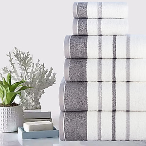 CASA COPENHAGEN White Bay, 6 Pieces Towel Set- White with Dark Grey and Grey Violet Border, 600 GSM, 2Bath, 2Hand, 2Washcloths Egyptian Cotton Towel for Hotel Spa Kitchen Bathroom Kitchen & Shower