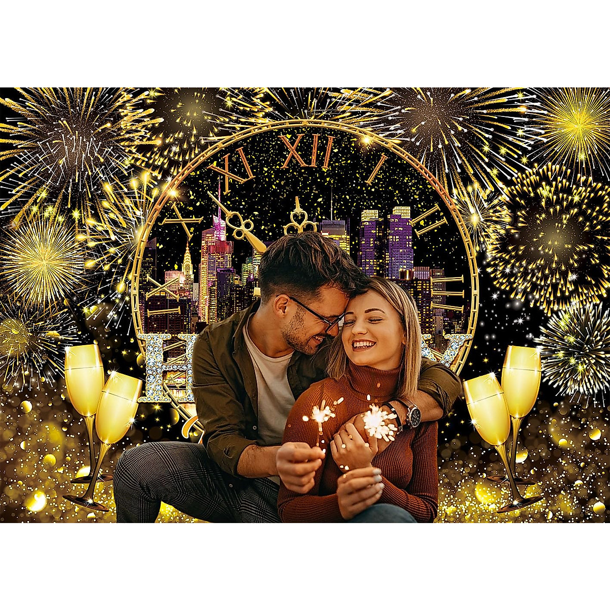BAIFNEZ 2024 New Year Countdown Backdrop Sparkling Gold Fireworks Champagne Glasses City Night Photography Background New Year's Eve Family Gathering Business Party Decoration Supplies (7x5FT, Gold)