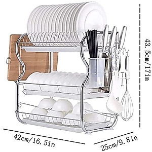 Plate Rack Draining Dish Rack 3-Tier Stainless With Drainboard and Cutlery Cup, Kitchen Supplies Drying Frame Dish Pan Plate Holder