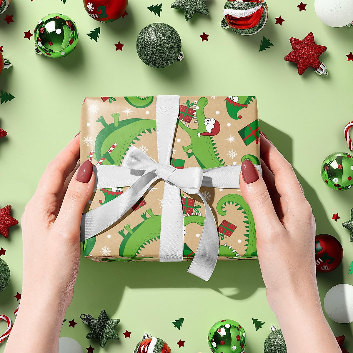 RUSPEPA Kraft Christmas Wrapping Paper Roll - Mini Roll - Christmas Crocodile Design for Holiday Gift Wrap - 17 Inches X 32.8 Feet