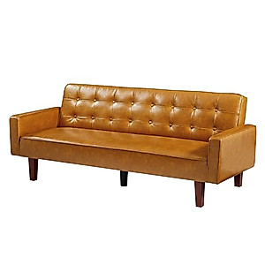 Homies Life Faux Leather Futon Couch, Mid Century Modern Futon Sofa with Memory Foam, Convertible Futon Sofa Bed for Small Spaces, Living Room, Office, Brown