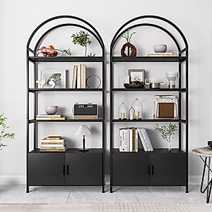 Jehiatek Arched Bookshelf, Bookcase with Doors Storage, 71 Inches Tall Industrial Book Shelf with Sturdy Metal Frame, E1 Quality Boards, Freestanding Display Shelving Unit, Black
