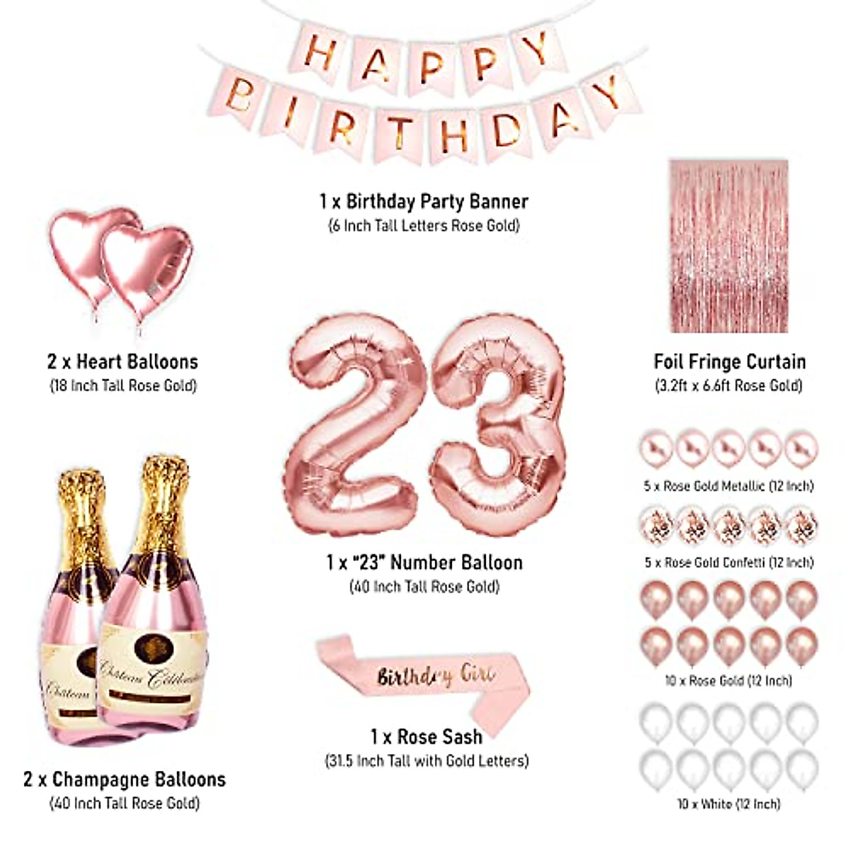 23rd Birthday Party Decorations Rose Gold Supplies Big Set for Women with Birthday Banner and "23" Digit Balloon for Her Including Latex and Confetti Balloons