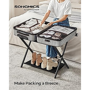SONGMICS Luggage Racks for Guest Room, Set of 2, Suitcase Stand with Fabric Storage Shelf, Foldable for Space-Saving Storage, Steel Frame, Hotel, Bedroom, Black URLR004B02