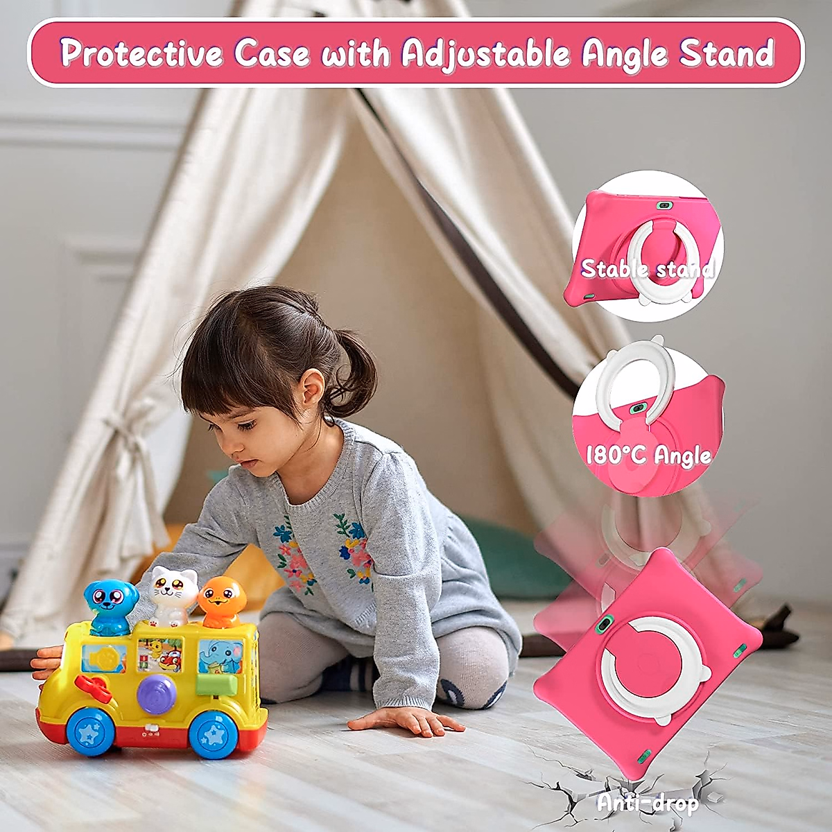 Naclud Android 12 Kids Tablet, 2GB+32GB Kids Tablets, 10 Inch Tablet with Case, WiFi, Parental Control APP, Dual Camera, Educational Games, iWawa Pre Installed (Pink)