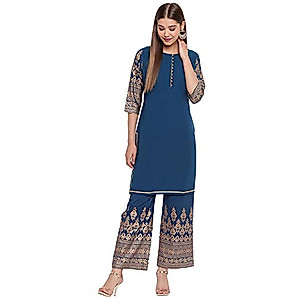Janasya Women's Blue Foil Printed Poly Crepe Kurti With Palazzo