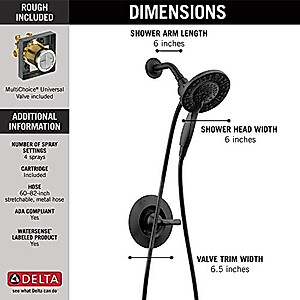 Delta Faucet Arvo 14 Series Single-Handle Shower Faucet, Shower Trim Kit with 4-Spray In2ition 2-in-1 Dual Hand Held Shower Head with Hose, Matte Black 142840-BL-I (Valve Included)