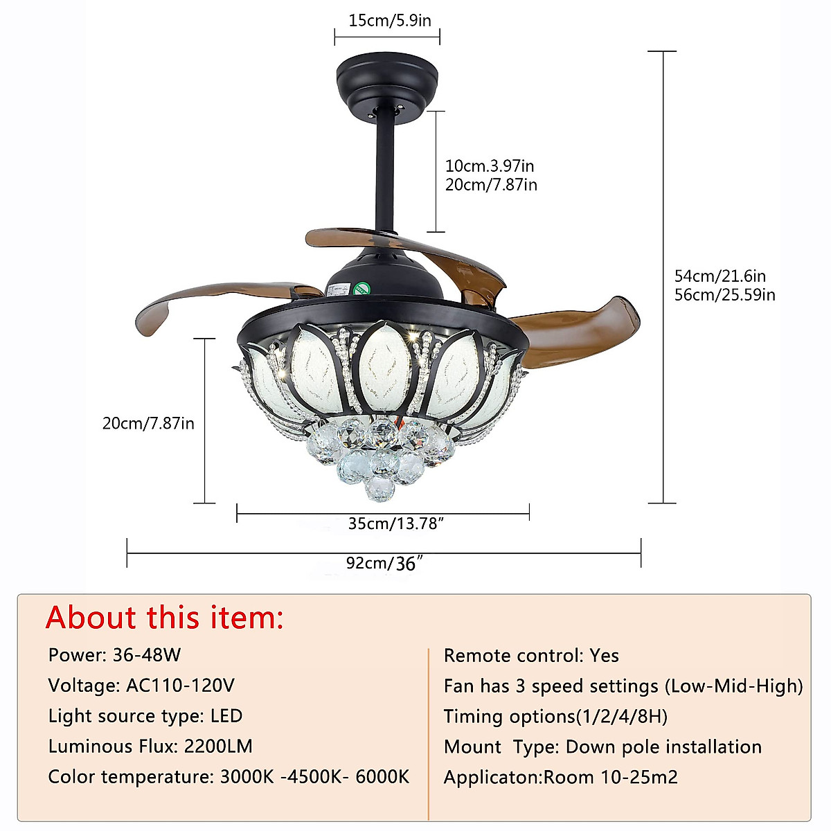 DYRABREST Invisible Ceiling Fan with Retractable Blades and Remote Control 36inch Ceiling Fan Light Covers Crystal Chandelier Fan Light Bladeless Ceiling Fan for Livingroom Bedroom Home (36 inch)