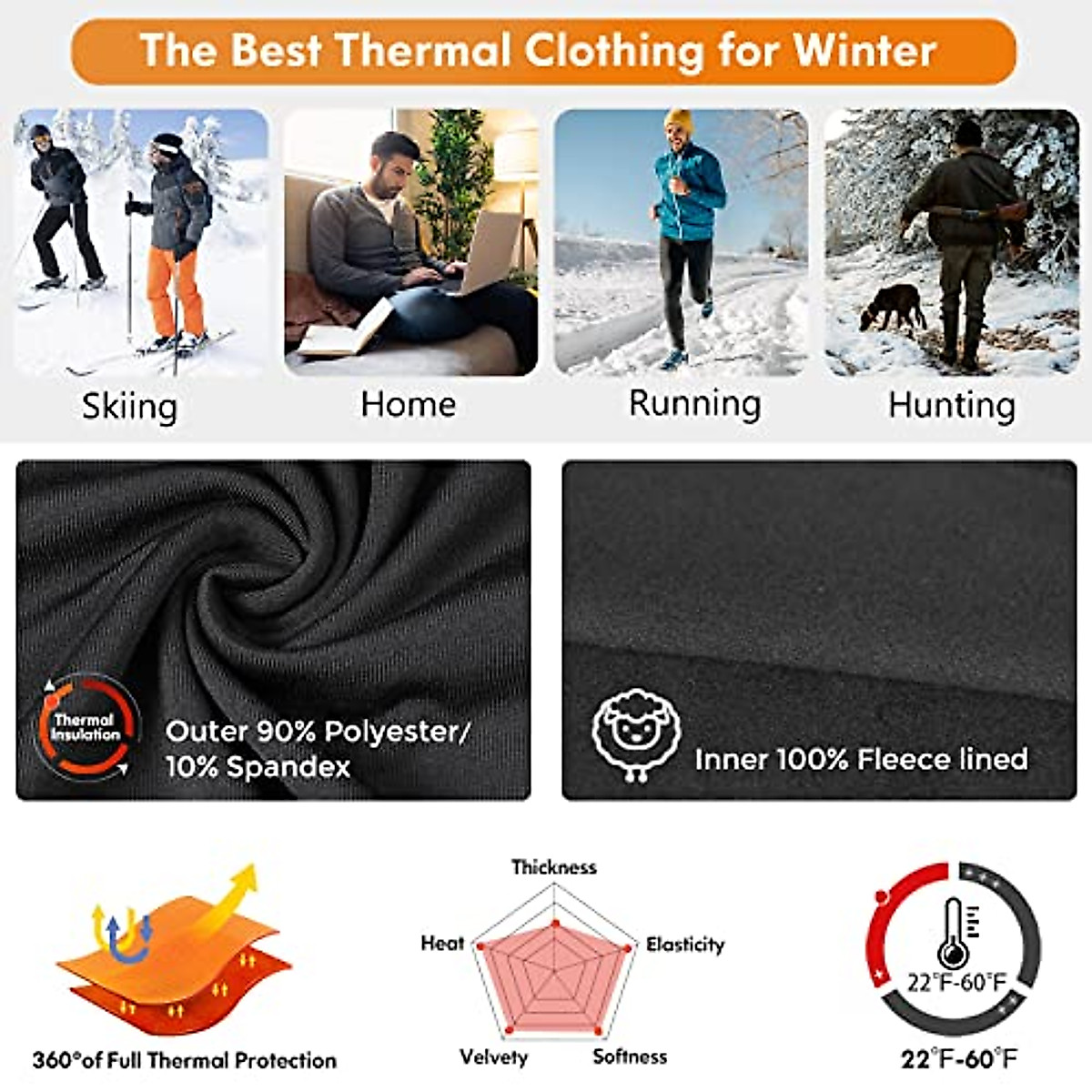 CL convallaria Long Johns Thermal Underwear for Men Fleece Lined Base Layer Set Top and Bottom for Cold Weather XS-4XL